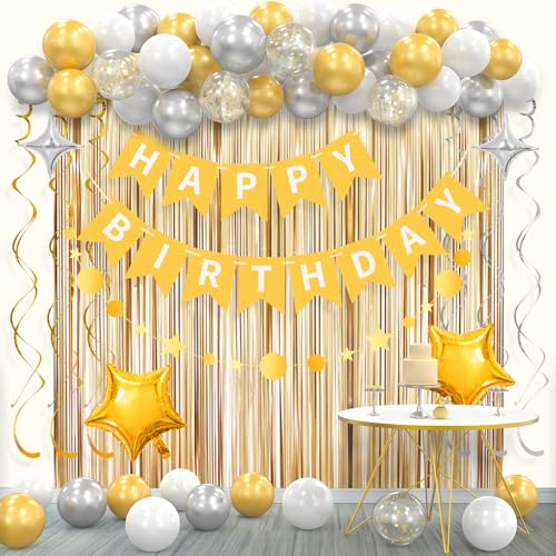Birthday Decorations for Women Girls | White Gold Birthday Party Decorations | Happy Birthday Decorations | Happy Birthday Banner(Pre-Strung) | Birthday Balloons Arch, Foil Curtain,Hanging Swirl