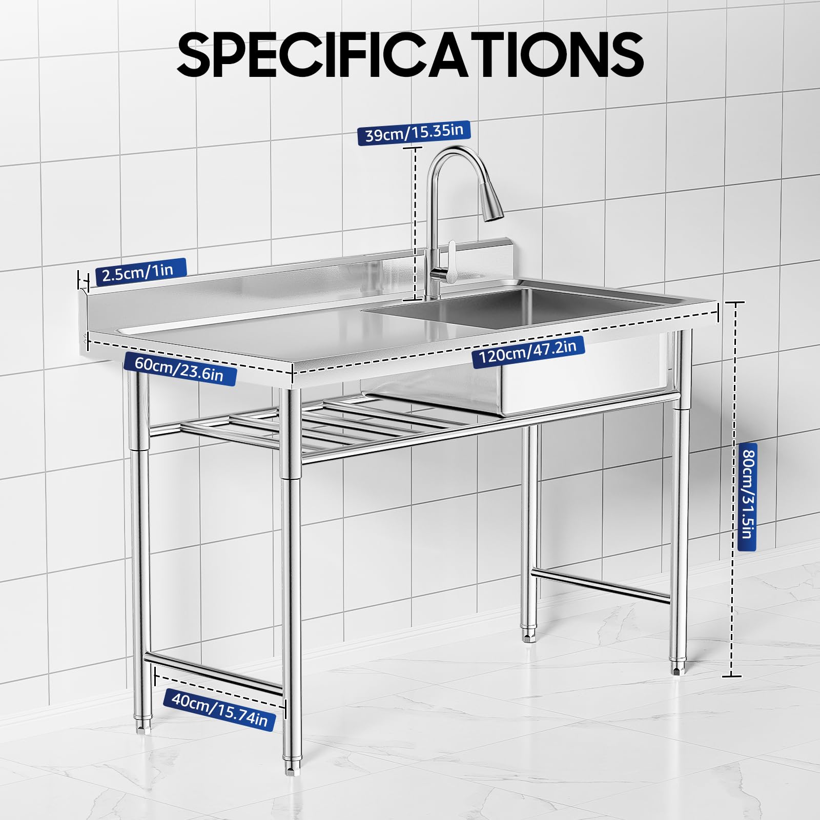Stainless Steel Utility Sink, Single Bowl Free Standing Kitchen Sink with Faucet & Workbench, Topmount Kitchen Sink for Farmhouse, Bathroom, Bar, Laundry Room (47.24 * 23.62 * 31.5inch)