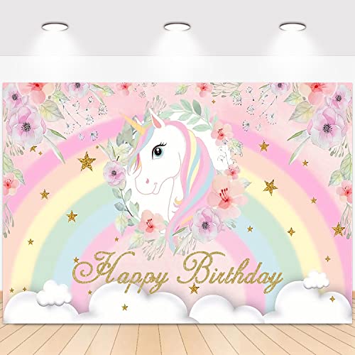 GEAMLA 7x5ft Pink Rainbow Unicorn Birthday Party Decoration - Photography Backdrop & Decorations for Girls Bedroom