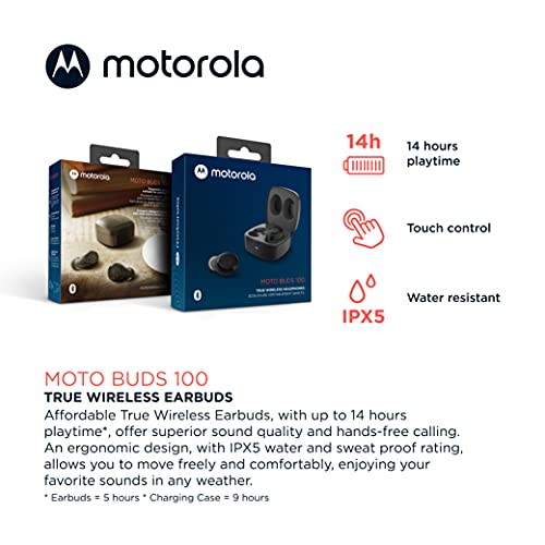 Motorola Moto Buds 100 - True Wireless Bluetooth Earbuds with Microphone β Lightweight, IPX5 Water Resistant, Touch-Control - Comfort Fit and Clear Sound - Includes Micro Charging Case - Black