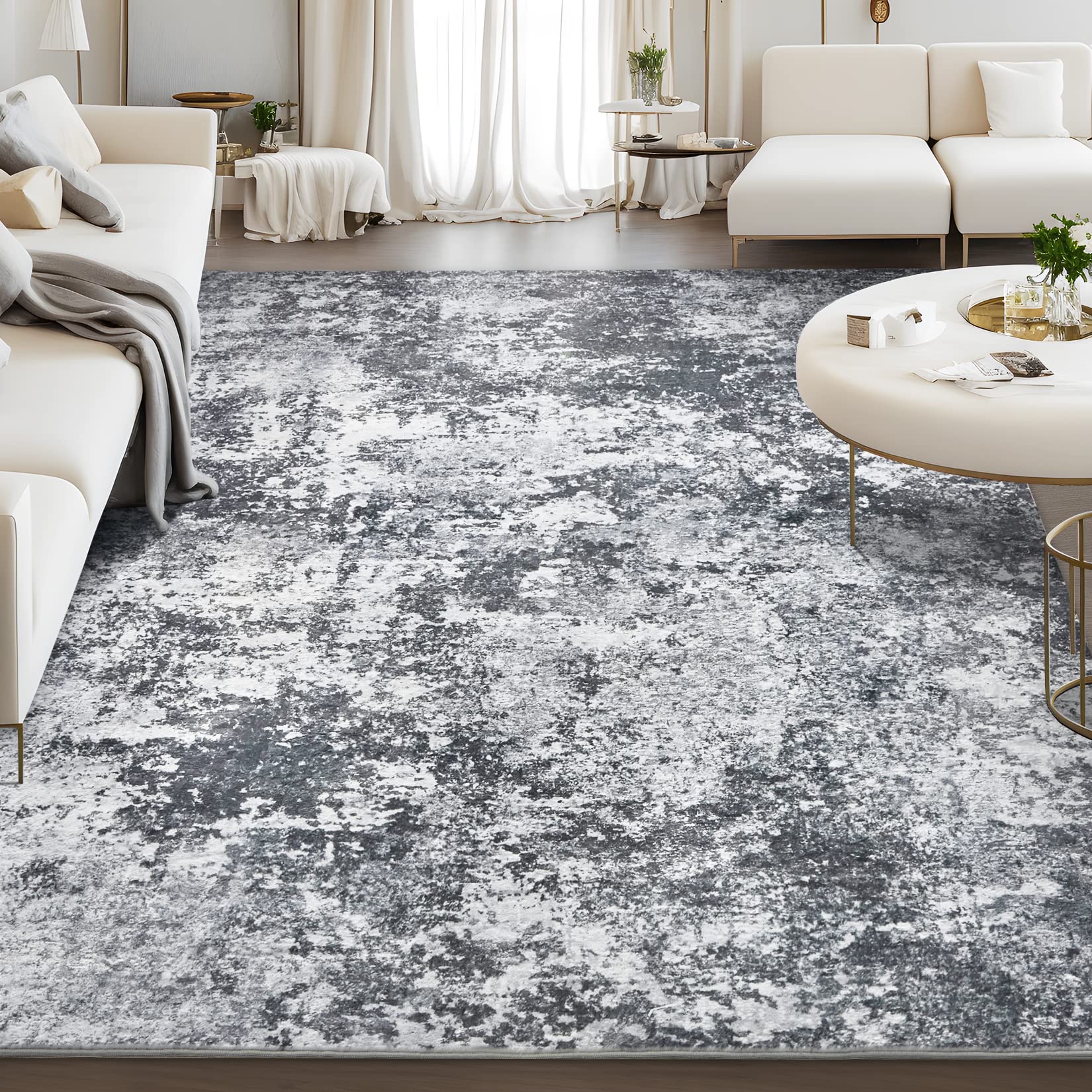 Area Rug Living Room Rugs: 8x10 Indoor Soft Fluffy Rug Abstract Carpet for Bedroom Kitchen Dining Room Floor Washable Plush Throw Large Accent Rug Home Office Nursery Decor - Gray