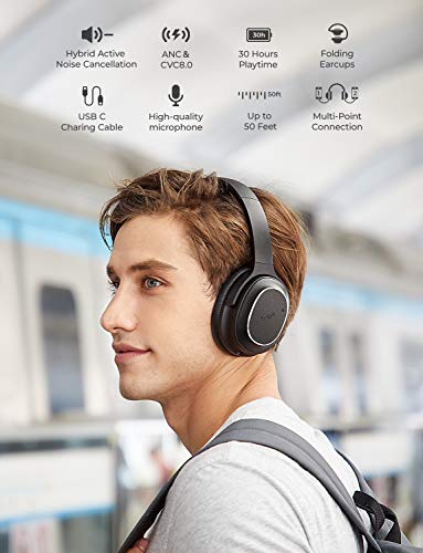 Tribit 32dB Active Noise Cancelling Headphones, Qualcomm QCC3003 Chip Wireless Headphones with CVC8.0 Mic, Over-Ear Bluetooth Headphones, HiFi Sound, Deep Bass for Travel, Office, Connect to 2 Devices