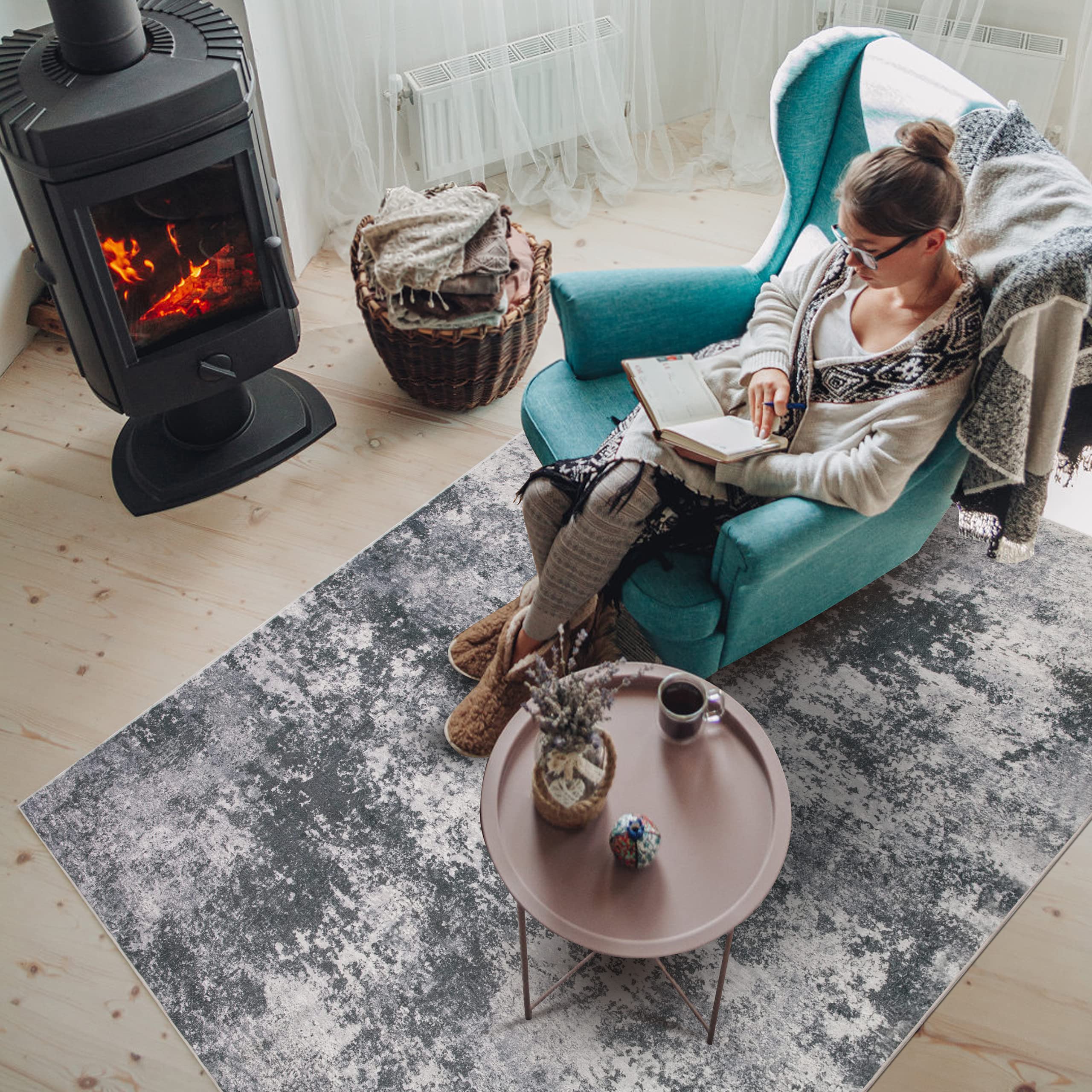 Area Rug Living Room Rugs: 8x10 Indoor Soft Fluffy Rug Abstract Carpet for Bedroom Kitchen Dining Room Floor Washable Plush Throw Large Accent Rug Home Office Nursery Decor - Gray