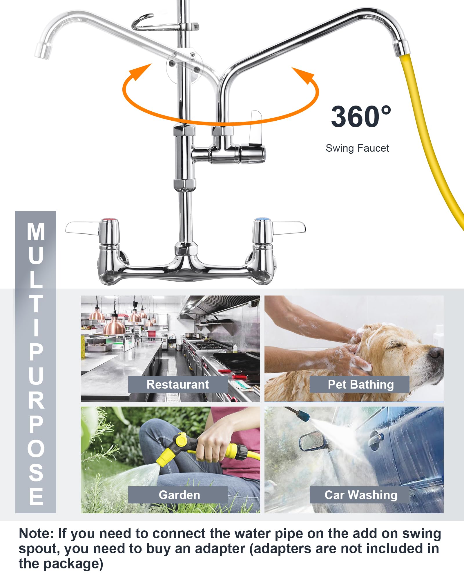 Commercial Kitchen Faucet with Sprayer, Pre-Rinse Wall Mount Kitchen Sink Faucet 25" Height Kitchen Tap with 9.6" Add-on Swing Spout for Restaurant