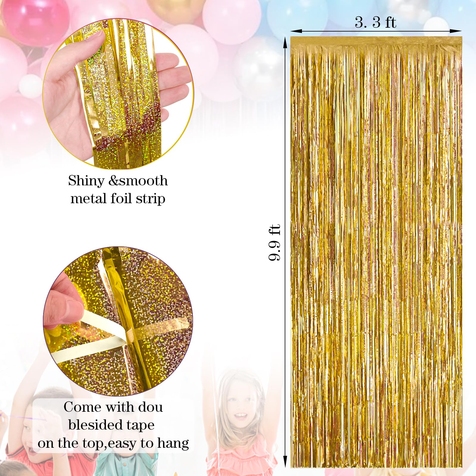 Wrbin Gold Laser Tinsel Curtain Backdrop, 3 Packs of 3.3 X 8.2 Feet Foil Fringe Curtains Party Decorations for Graduation Birthday Studio Baby Shower