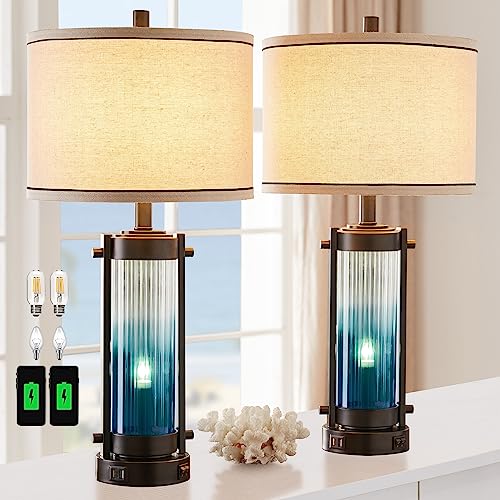 RORIA Set of 2 Modern Table Lamps with 2 USB Ports, Gradient Blue Glass Bedside Lamp with Night Light