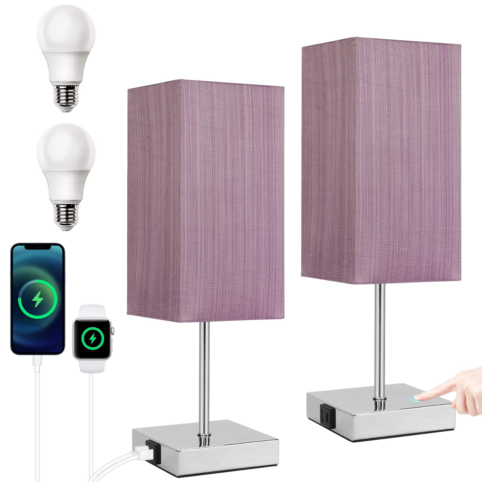 SEEDED-DESIGN Touch Lamps for Bedrooms Set of 2, Small Bedside Lamp with USB Port and Outlet, 3-Way Dimmable Nightstand Lamp for Living Room(LED Bulb Included) (Square, Purple)