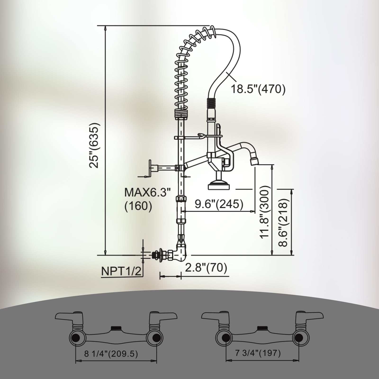 Commercial Kitchen Faucet with Sprayer, Pre-Rinse Wall Mount Kitchen Sink Faucet 25" Height Kitchen Tap with 9.6" Add-on Swing Spout for Restaurant