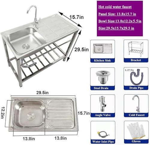 Outdoor Stainless Steel Sink, Free Standing Commercial Restaurant Utility Single Bowl Kitchen Washing Station Hand Basin Sink Set with Storage Shelves for Laundry Tub Backyard Garage ( Size : Single l