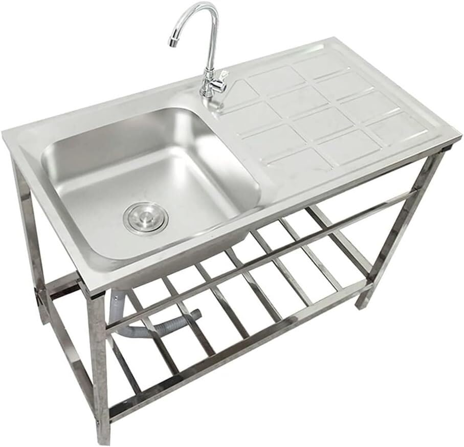 Outdoor Stainless Steel Sink, Free Standing Commercial Restaurant Utility Single Bowl Kitchen Washing Station Hand Basin Sink Set with Storage Shelves for Laundry Tub Backyard Garage ( Size : Single l