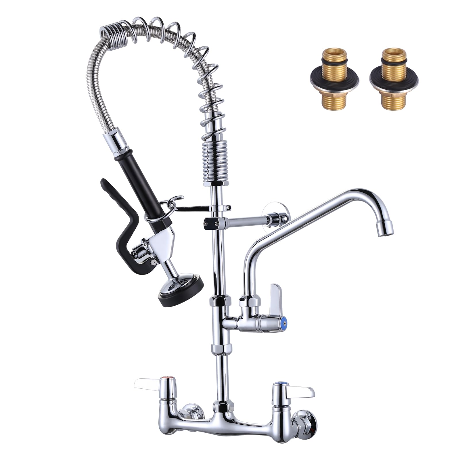 Commercial Kitchen Faucet with Sprayer, Pre-Rinse Wall Mount Kitchen Sink Faucet 25" Height Kitchen Tap with 9.6" Add-on Swing Spout for Restaurant