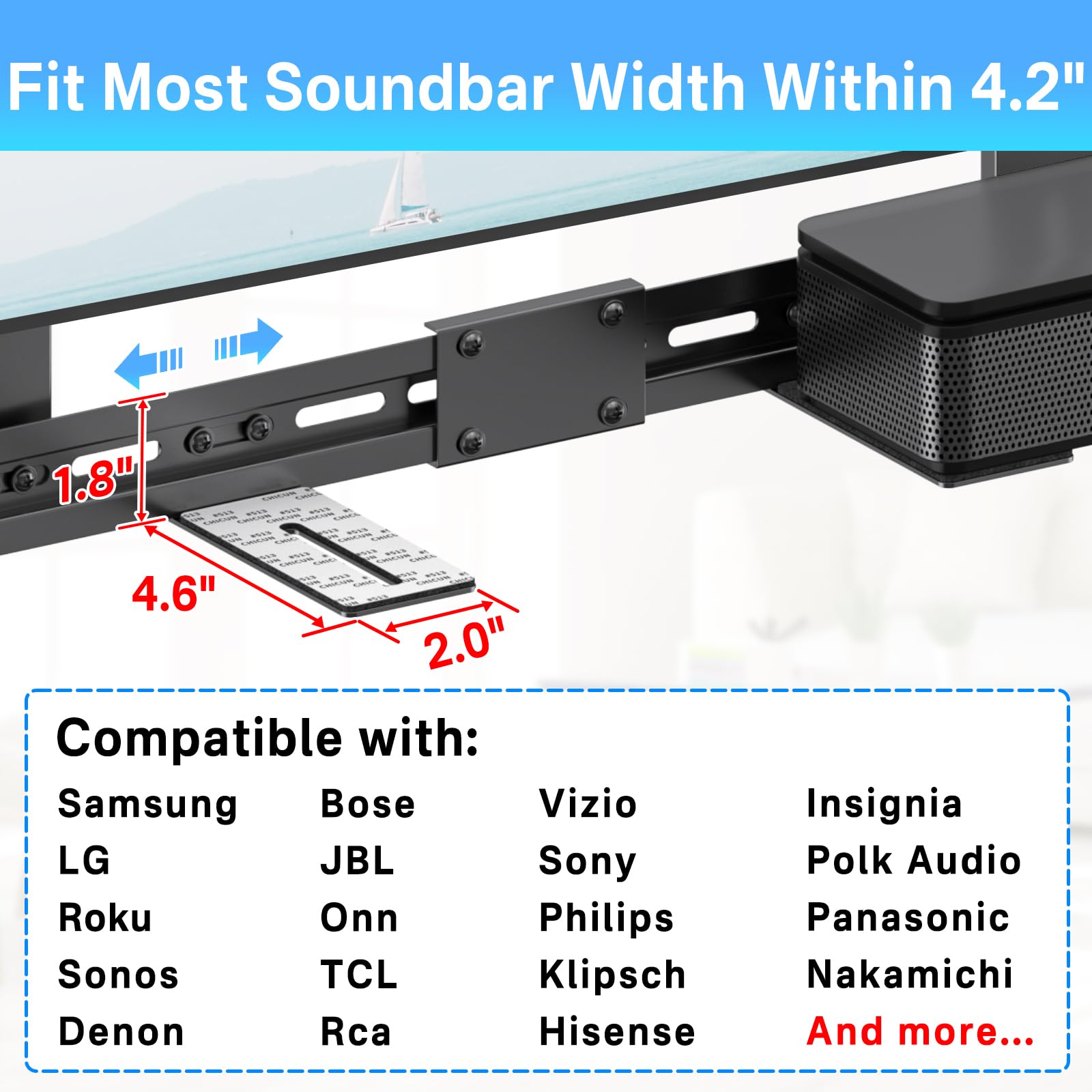 Sound Bar Mounts Under TV for Samsung, Vizio, Bose, LG and More Soundbar TV Mount with Remote Holder - Height Adjustable Soundbar Mounting Bracket Under TVs Hold Up to 35 Lbs