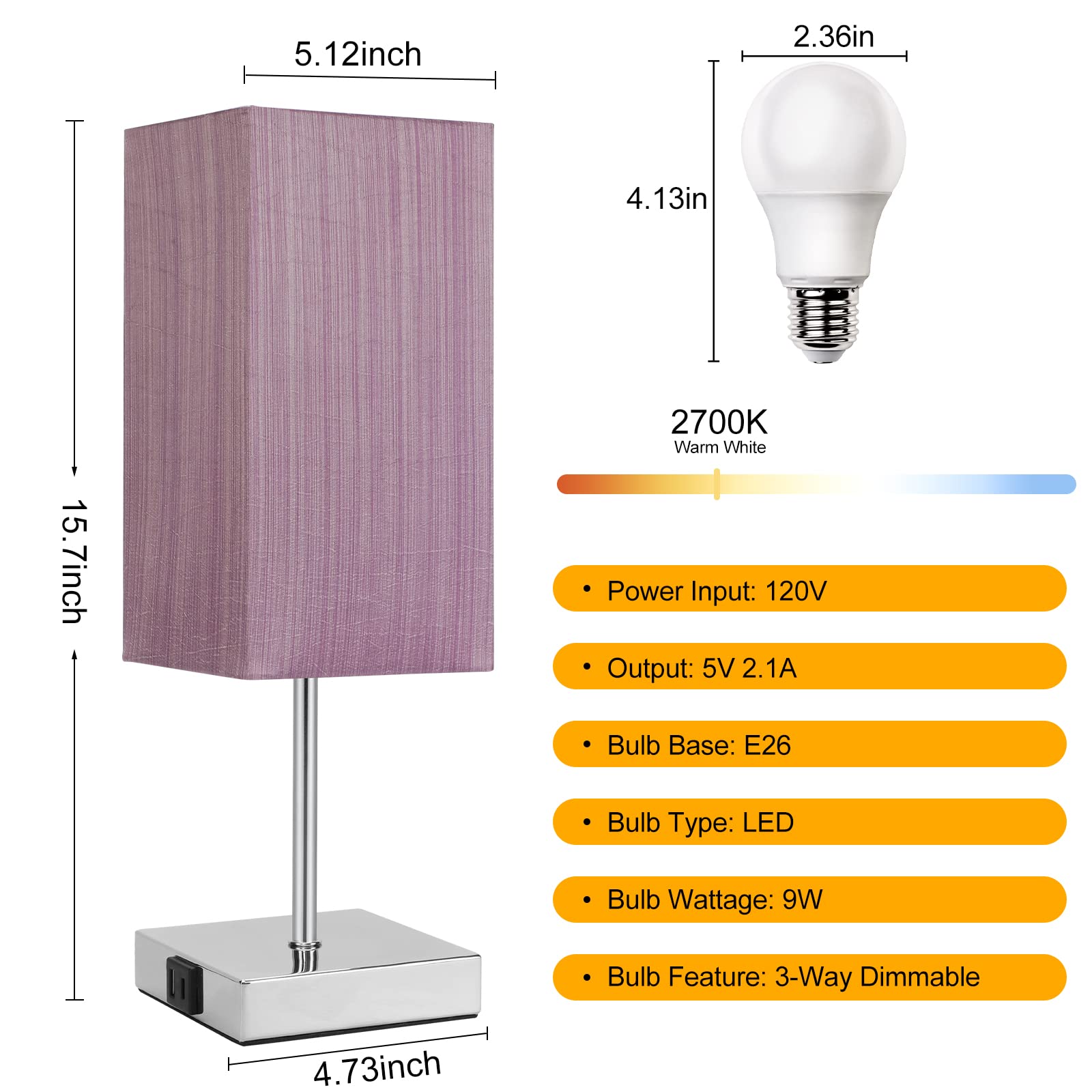 SEEDED-DESIGN Touch Lamps for Bedrooms Set of 2, Small Bedside Lamp with USB Port and Outlet, 3-Way Dimmable Nightstand Lamp for Living Room(LED Bulb Included) (Square, Purple)