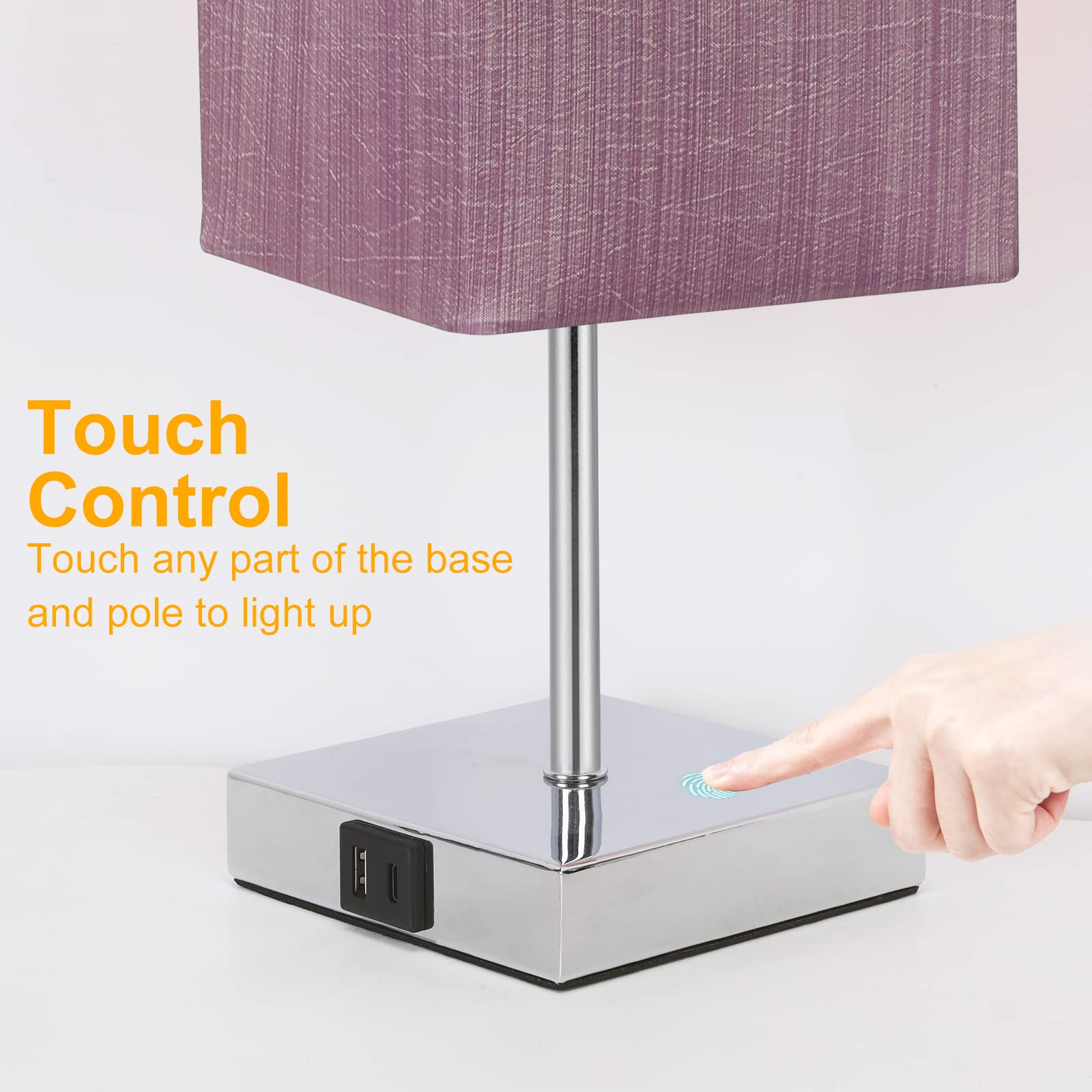 SEEDED-DESIGN Touch Lamps for Bedrooms Set of 2, Small Bedside Lamp with USB Port and Outlet, 3-Way Dimmable Nightstand Lamp for Living Room(LED Bulb Included) (Square, Purple)
