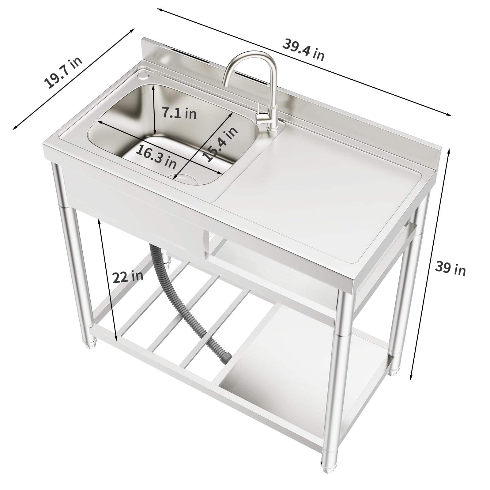 ROOMTEC 304 Stainless Steel Single Bowl Utility Sink Set, Commercial Restaurant Kitchen Sink, Outdoor Sink with Workbench & Storage Shelve with Hot and Cold Water Pipes (39 in (Left bowl))