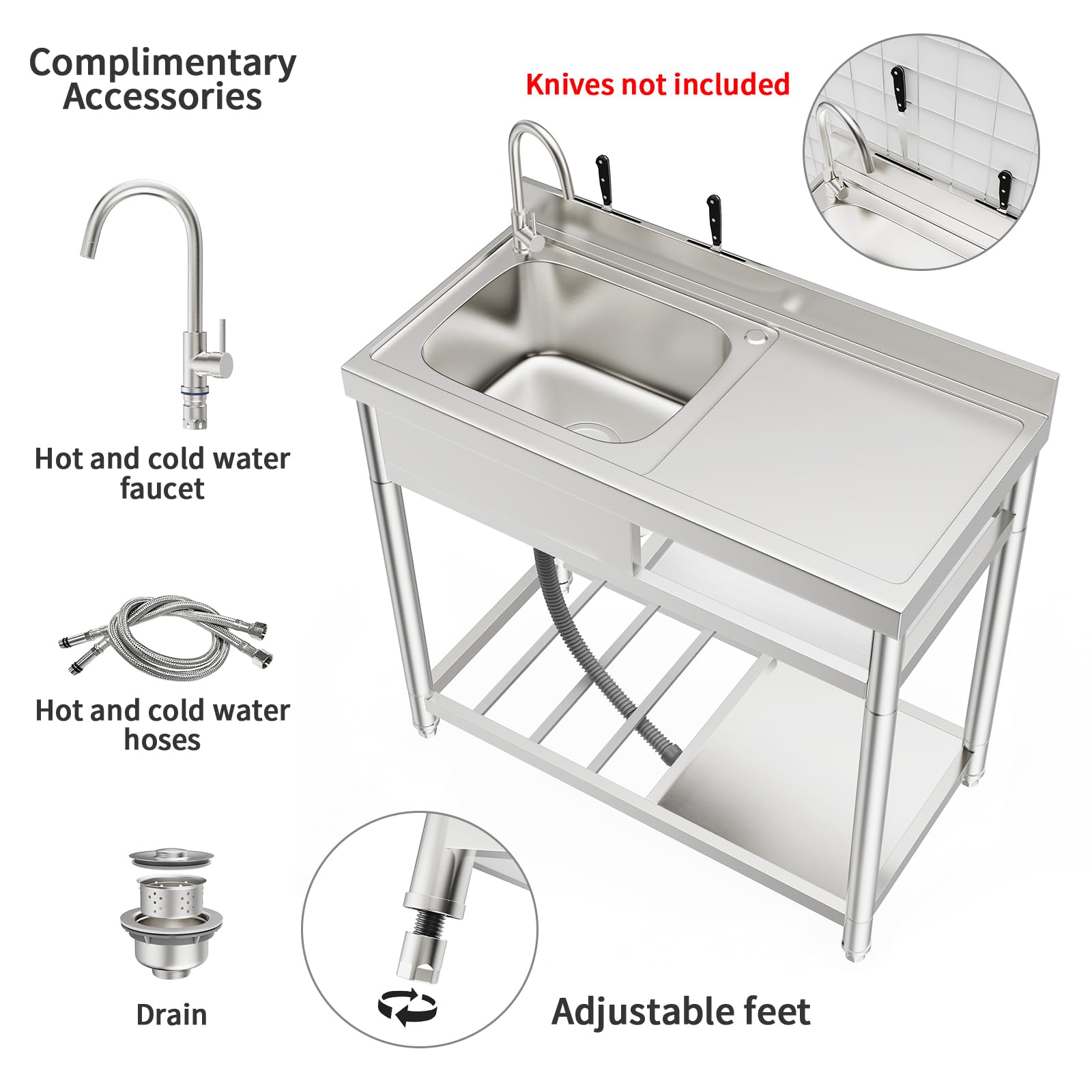 ROOMTEC 304 Stainless Steel Single Bowl Utility Sink Set, Commercial Restaurant Kitchen Sink, Outdoor Sink with Workbench & Storage Shelve with Hot and Cold Water Pipes (39 in (Left bowl))