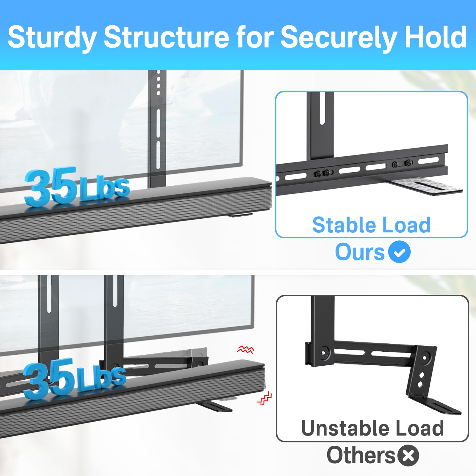 Sound Bar Mounts Under TV for Samsung, Vizio, Bose, LG and More Soundbar TV Mount with Remote Holder - Height Adjustable Soundbar Mounting Bracket Under TVs Hold Up to 35 Lbs