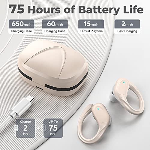 Wireless Earbuds, 75Hrs Playtime Bluetooth 5.1 Headphones, True Wireless Earphones with Digital Display & CVC 8.0 Noise Cancelling, Waterproof Earbuds with Mic for Sport,Running,Yoga, Workout Apricot
