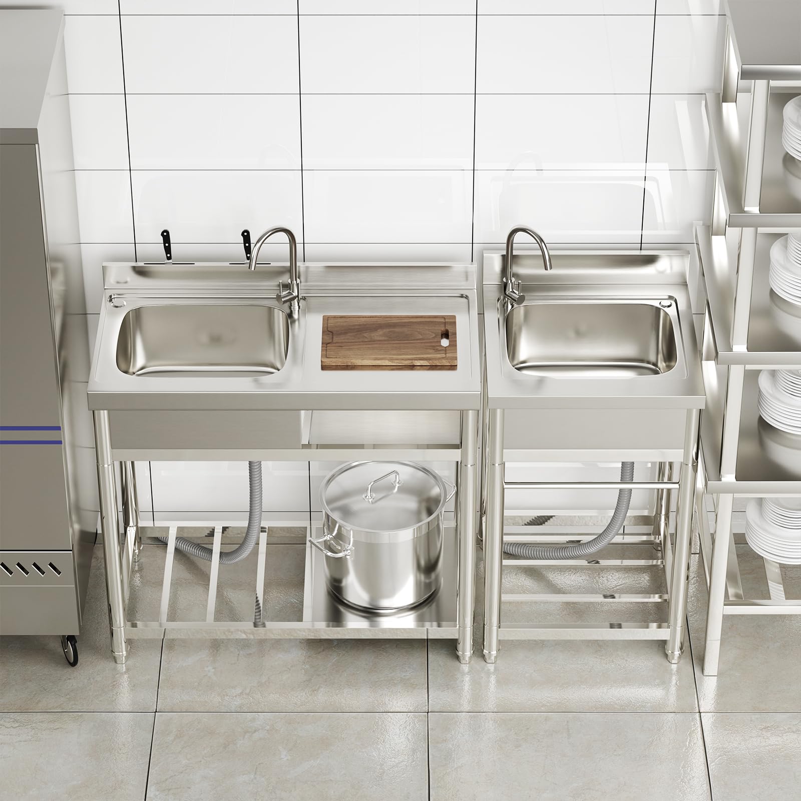 ROOMTEC 304 Stainless Steel Single Bowl Utility Sink Set, Commercial Restaurant Kitchen Sink, Outdoor Sink with Workbench & Storage Shelve with Hot and Cold Water Pipes (39 in (Left bowl))