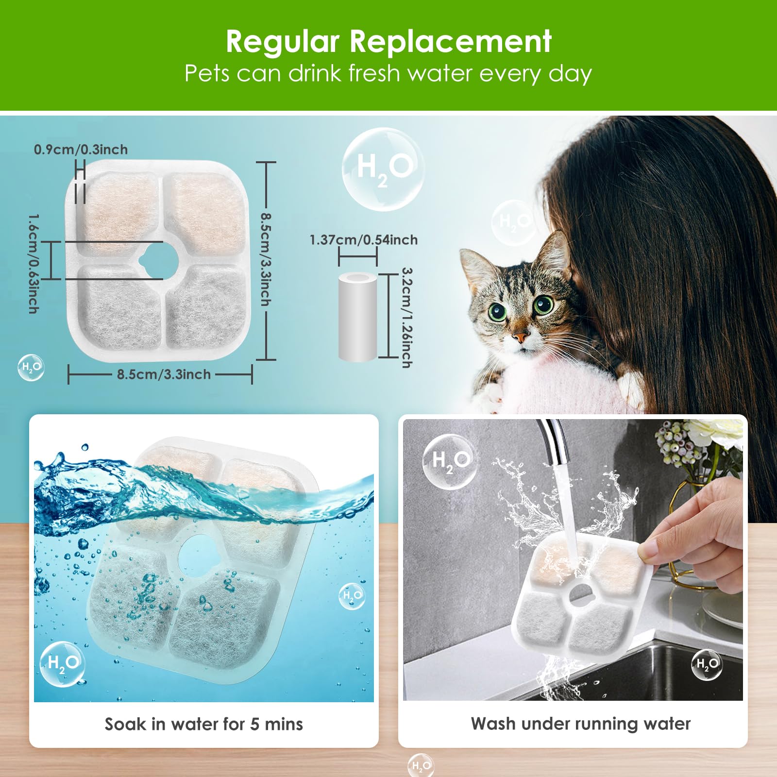 Cat Water Fountain Filter, 12-Pack Pet Fountain Filter Replacement Compatible with Cat Drinking Fountain, Replacement Triple Action Water Filter Activated Carbon Filter, 3 Hoses