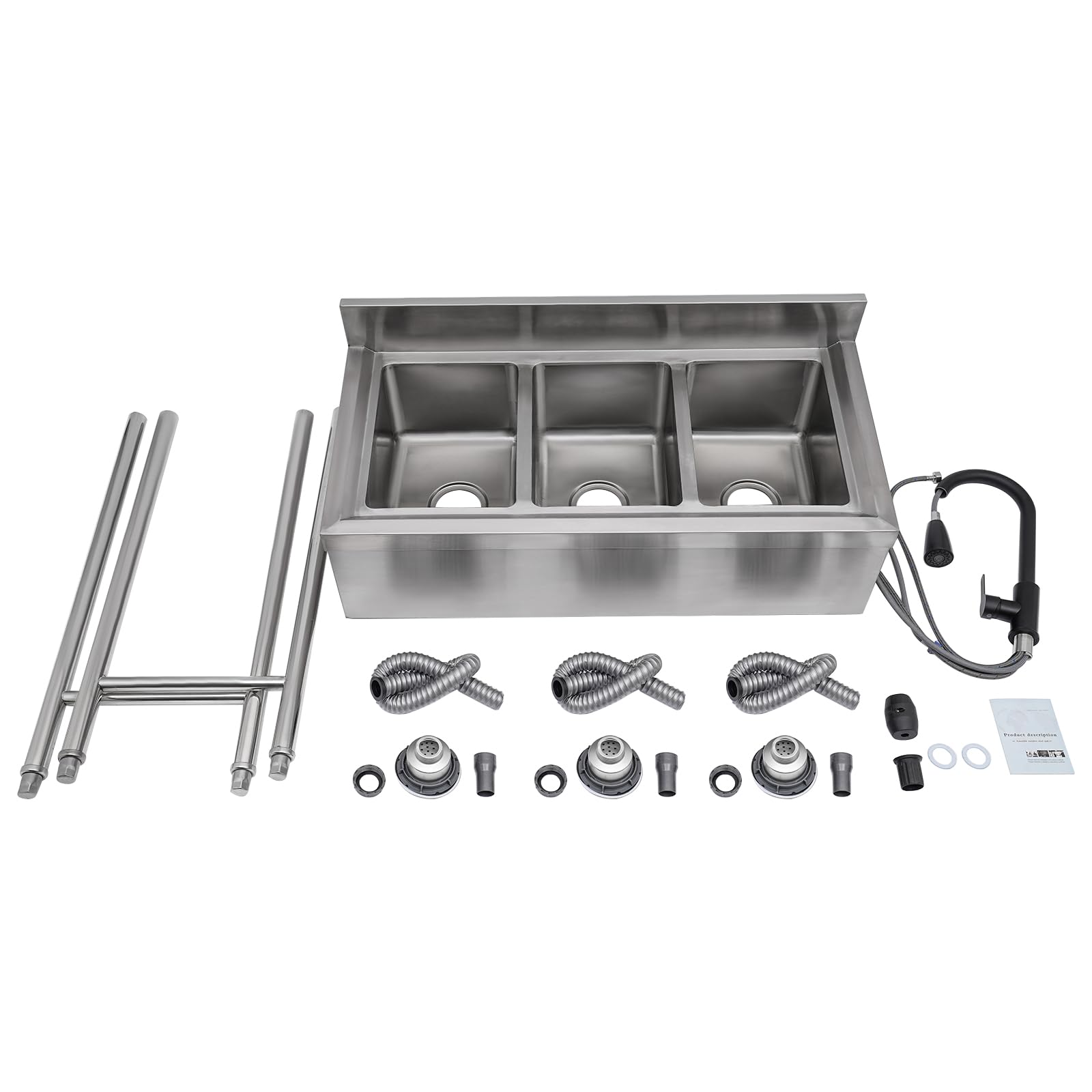 TBVECHI Free Standing Stainless Steel Kitchen Sink, Three Bowls Commercial Restaurant Utility Sink Set w/Hot and Cold Water Faucet, Prep & Utility Washing Hand Basin Sink w/Workbench Indoor Outdoor