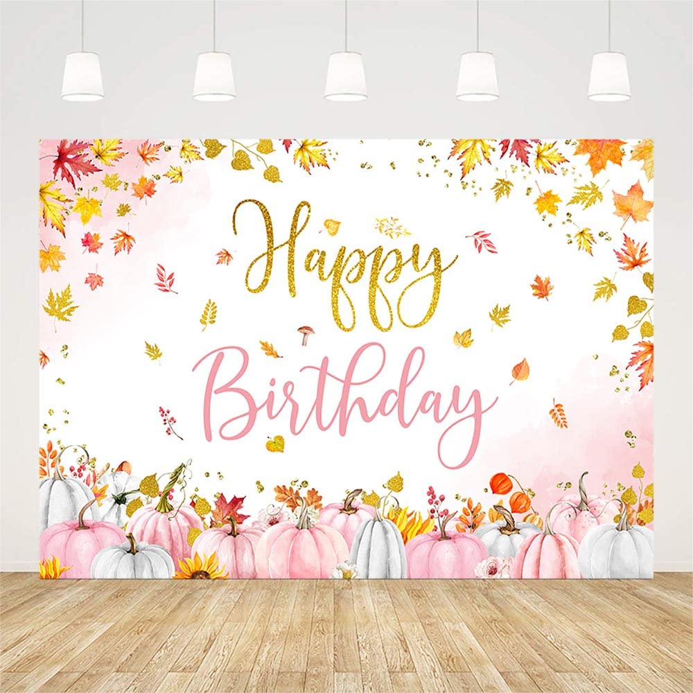 AIBIIN 7x5ft Happy Birthday Backdrop for Sweet Grils Fall Birthday Party Decorations Blush Pink Pumpkins Gold Glitter Maple Leaf Photography Background Bday Banner Photo Shoot Props