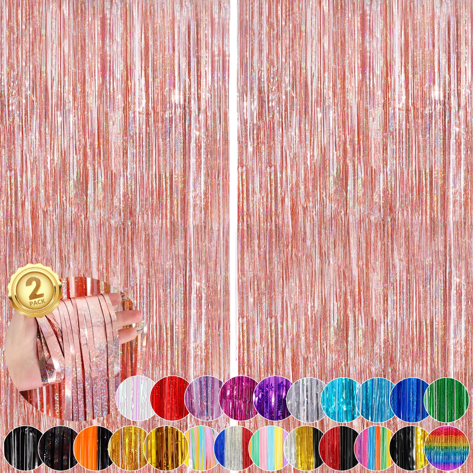 Rose Gold Foil Party Streamers 2 Pack Metallic Tinsel Fringe Curtain 3.3X 8.3ft Streamer Curtains Anniversary Thanksgiving Christmas Party Photo Booth Tinsel Curtain Streamers for Parties Decoration