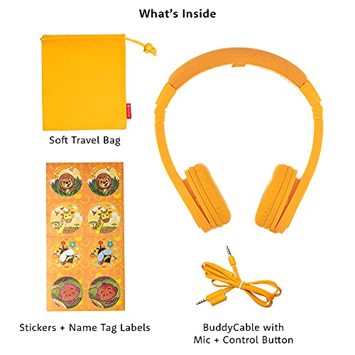 ONANOFF BuddyPhones Explore+, Volume-Limiting Kids Headphones, Foldable and Durable, Built-in Audio Sharing Cable with in-Line Mic, Best for Kindle, iPad, iPhone and Android Devices, Sun Yellow