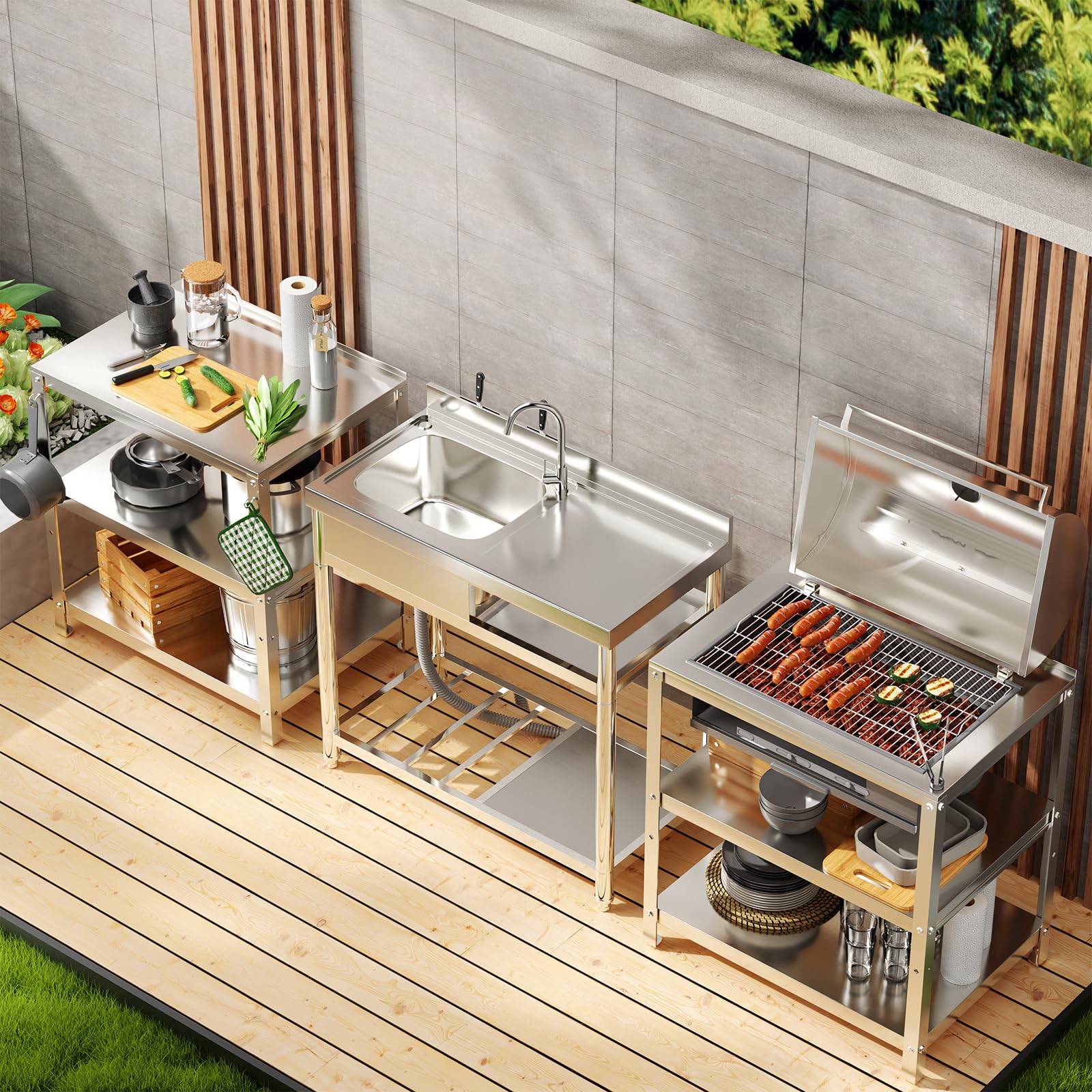 ROOMTEC 304 Stainless Steel Single Bowl Utility Sink Set, Commercial Restaurant Kitchen Sink, Outdoor Sink with Workbench & Storage Shelve with Hot and Cold Water Pipes (39 in (Left bowl))