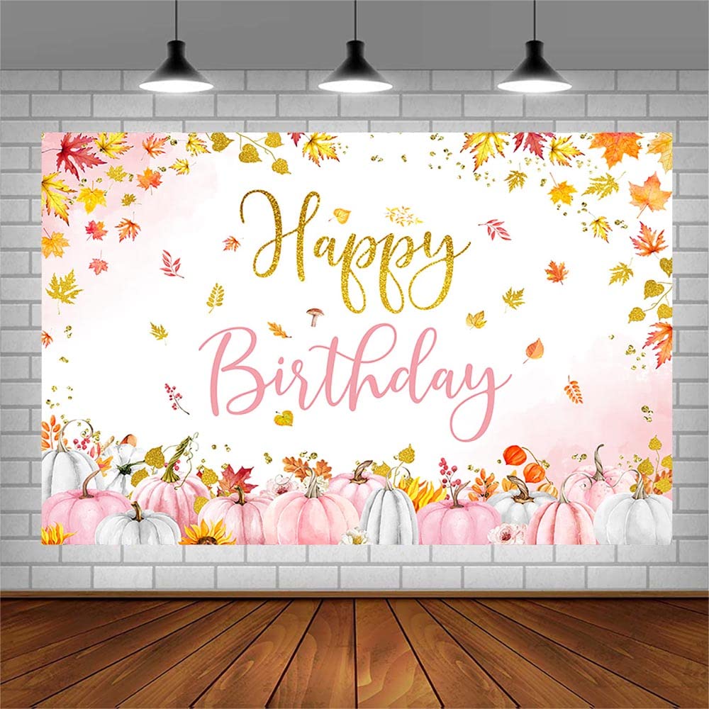 AIBIIN 7x5ft Happy Birthday Backdrop for Sweet Grils Fall Birthday Party Decorations Blush Pink Pumpkins Gold Glitter Maple Leaf Photography Background Bday Banner Photo Shoot Props