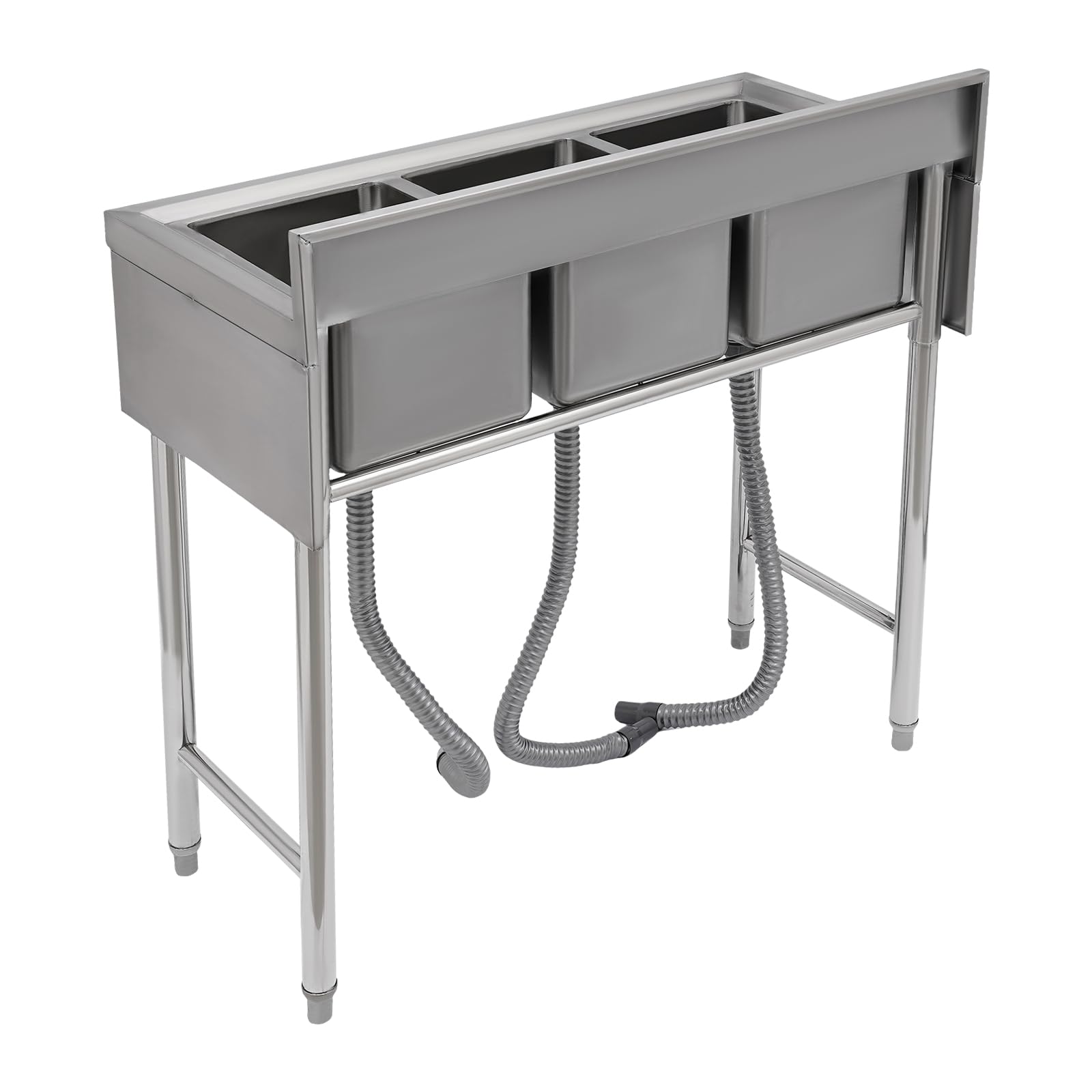 TBVECHI Free Standing Stainless Steel Kitchen Sink, Three Bowls Commercial Restaurant Utility Sink Set w/Hot and Cold Water Faucet, Prep & Utility Washing Hand Basin Sink w/Workbench Indoor Outdoor