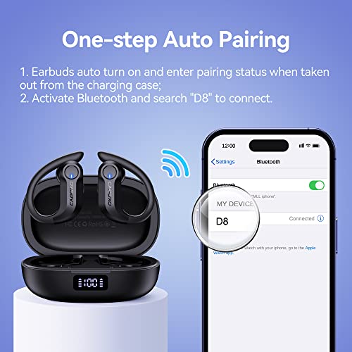 CAPOXO Wireless Earbuds Bluetooth 5.3 Headphones 120Hrs Playtime IPX7 Waterproof Sports Earphones Over-Ear Earhooks Headset with 2600mAh Power Display Wireless Charging Case Mics for Workout Black