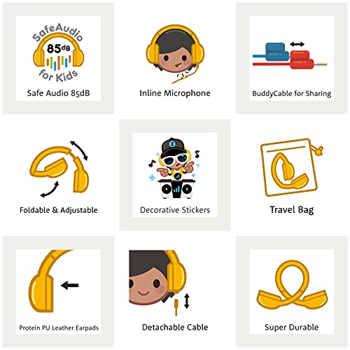 ONANOFF BuddyPhones Explore+, Volume-Limiting Kids Headphones, Foldable and Durable, Built-in Audio Sharing Cable with in-Line Mic, Best for Kindle, iPad, iPhone and Android Devices, Sun Yellow