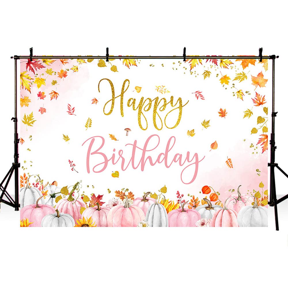 AIBIIN 7x5ft Happy Birthday Backdrop for Sweet Grils Fall Birthday Party Decorations Blush Pink Pumpkins Gold Glitter Maple Leaf Photography Background Bday Banner Photo Shoot Props