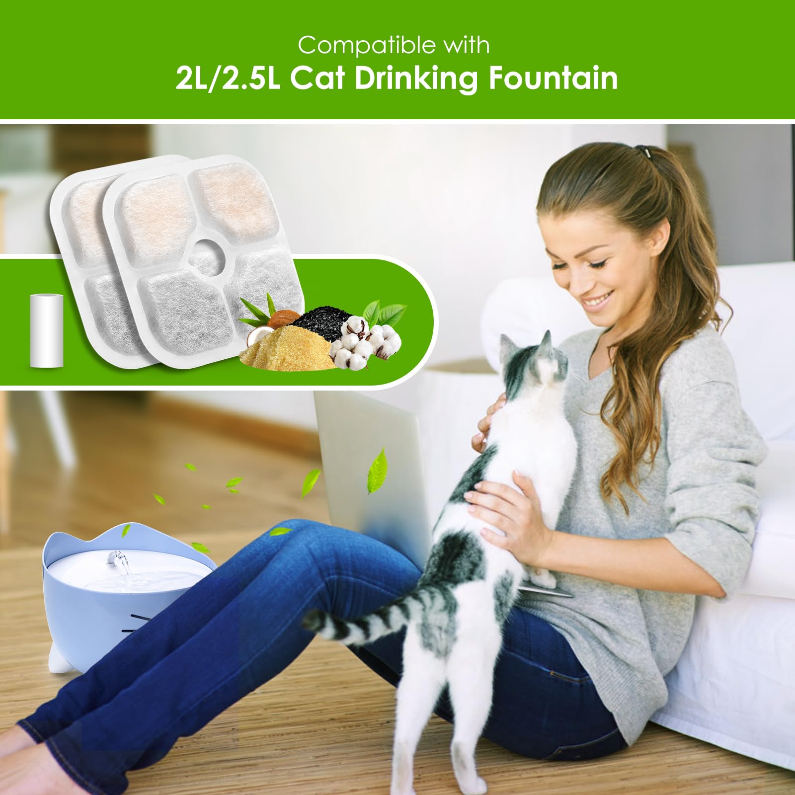 Cat Water Fountain Filter, 12-Pack Pet Fountain Filter Replacement Compatible with Cat Drinking Fountain, Replacement Triple Action Water Filter Activated Carbon Filter, 3 Hoses