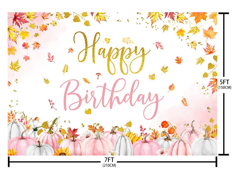 AIBIIN 7x5ft Happy Birthday Backdrop for Sweet Grils Fall Birthday Party Decorations Blush Pink Pumpkins Gold Glitter Maple Leaf Photography Background Bday Banner Photo Shoot Props