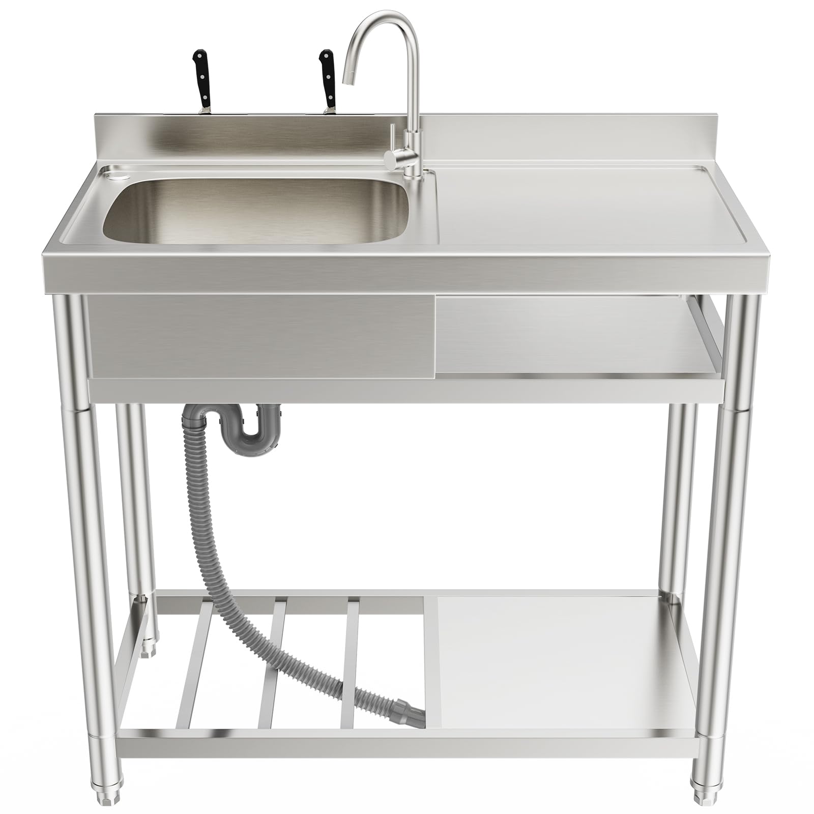 ROOMTEC 304 Stainless Steel Single Bowl Utility Sink Set, Commercial Restaurant Kitchen Sink, Outdoor Sink with Workbench & Storage Shelve with Hot and Cold Water Pipes (39 in (Left bowl))