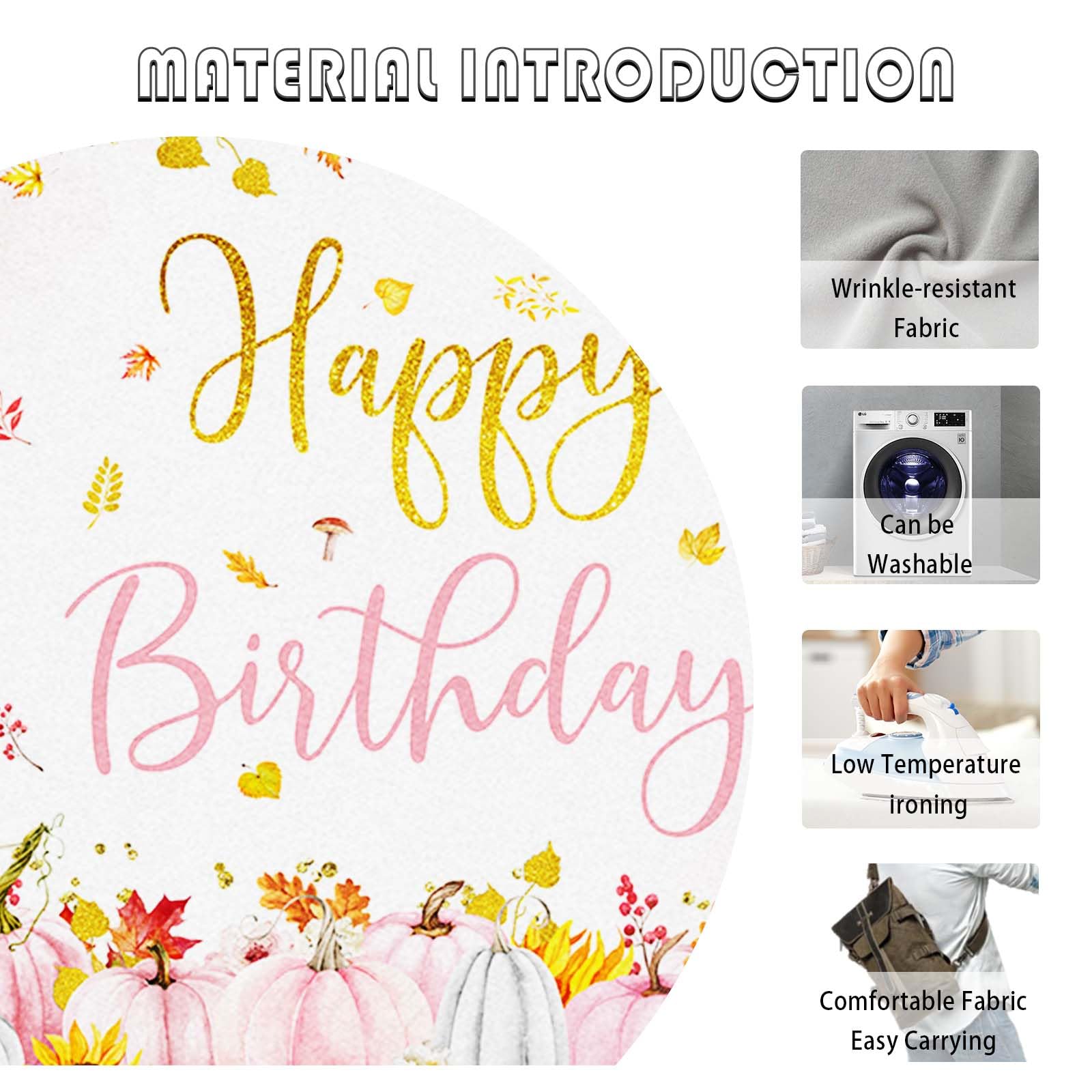 AIBIIN 7x5ft Happy Birthday Backdrop for Sweet Grils Fall Birthday Party Decorations Blush Pink Pumpkins Gold Glitter Maple Leaf Photography Background Bday Banner Photo Shoot Props