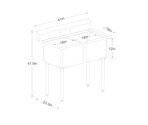 ROCKPOINT 2 Compartment Stainless Steel Commercial Kitchen Prep & Utility Sink, Silver 41"Wx23.3"Dx41.9"H