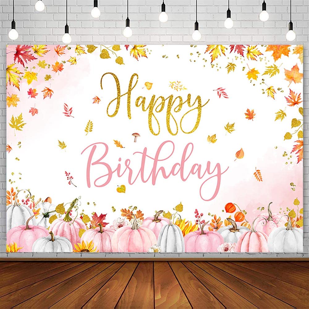 AIBIIN 7x5ft Happy Birthday Backdrop for Sweet Grils Fall Birthday Party Decorations Blush Pink Pumpkins Gold Glitter Maple Leaf Photography Background Bday Banner Photo Shoot Props