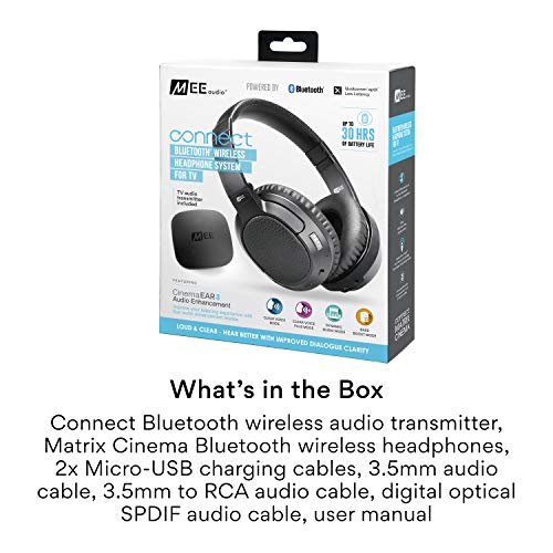 MEE audio Connect T1CMA Bluetooth Over-Ear Wireless Headphones Headset for TV with no Audio Delay; Includes Transmitter (Optical/AUX/RCA) and CinemaEAR Audio Enhancement for Seniors & Hard of Hearing