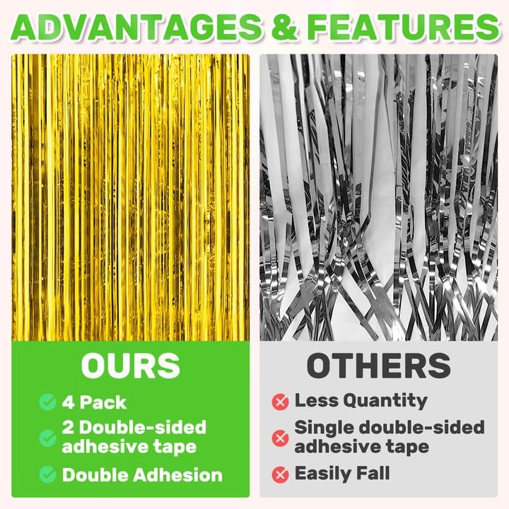 BFONS 4-Pack Backdrop for Party Decorations, Foil Fringe Backdrop Curtains, Tinsel Streamers for Birthday Party Decorations, Gold Backdrop Curtains for Girl Graduation Disco Parties