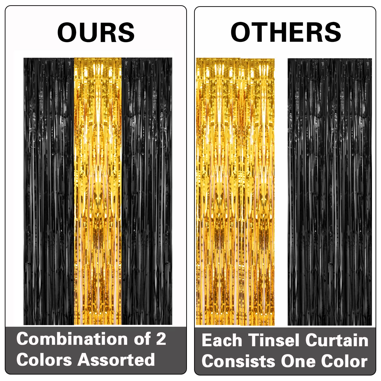 PIGETALE, 2 Pack 3.2x8.2 Feet Black and Gold Tinsel Backdrop Party Decorations, Foil Fringe Curtains Backdrop for Birthday Graduation Wedding Engagement Bridal