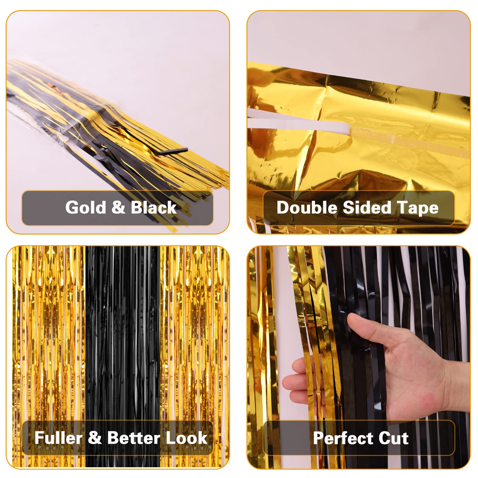 PIGETALE, 2 Pack 3.2x8.2 Feet Black and Gold Tinsel Backdrop Party Decorations, Foil Fringe Curtains Backdrop for Birthday Graduation Wedding Engagement Bridal