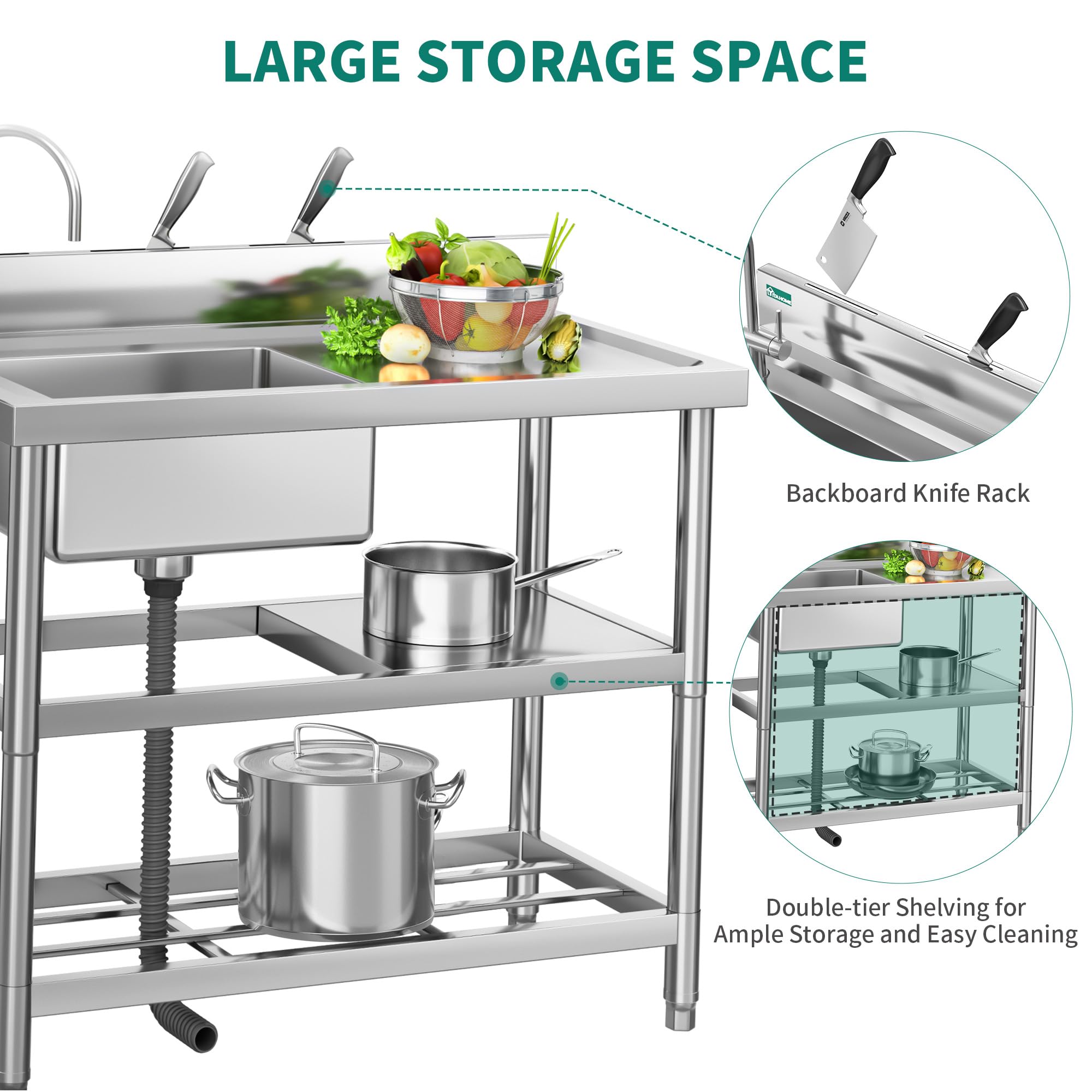 YITAHOME Kitchen Sink Stainless Steel Single Bowl Freestanding Commercial Sink with Drainboard for Restaurant, Utility Sink w/Workbench & Double Storage Shelves for outdoor 39" W x 20" D x 37" H