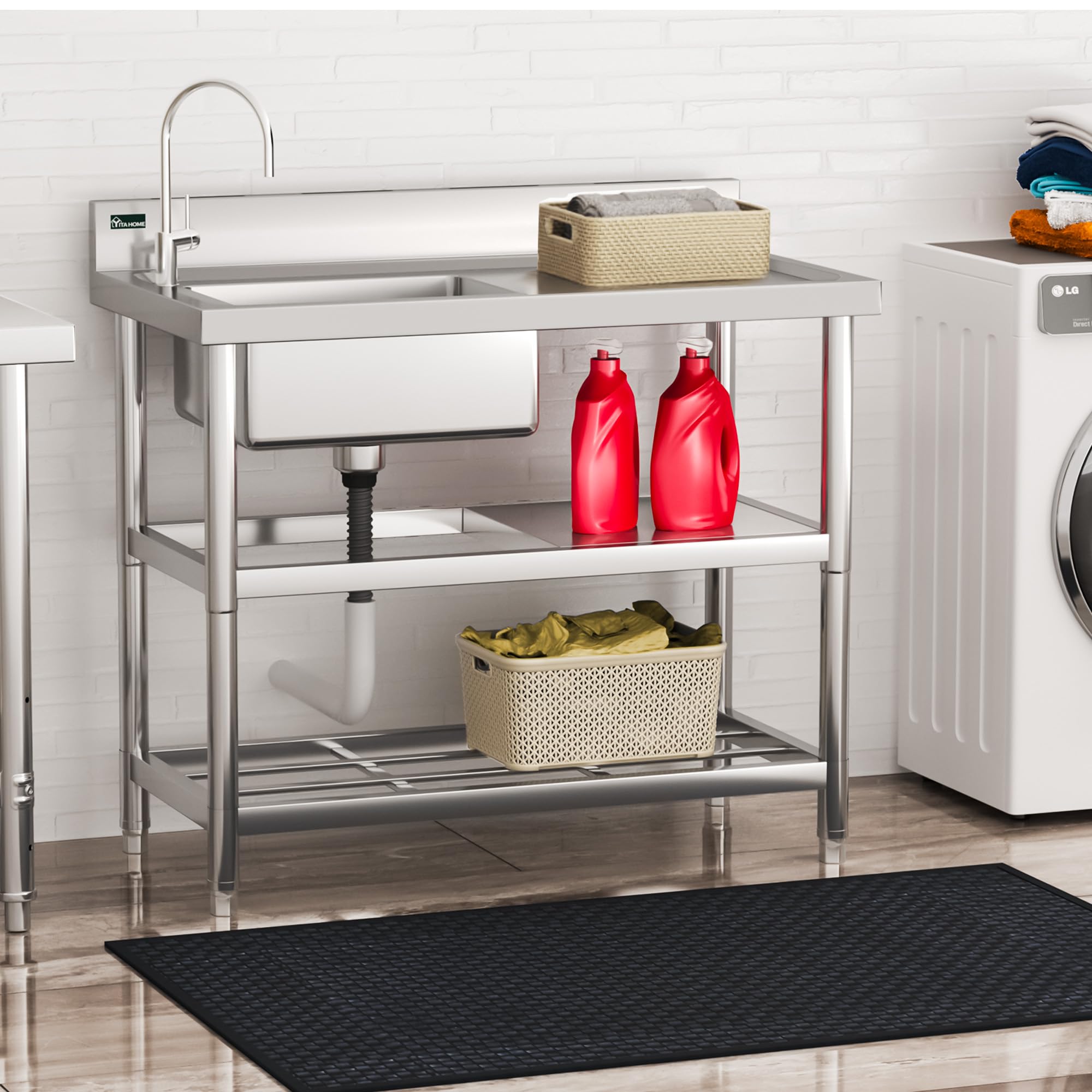 YITAHOME Kitchen Sink Stainless Steel Single Bowl Freestanding Commercial Sink with Drainboard for Restaurant, Utility Sink w/Workbench & Double Storage Shelves for outdoor 39" W x 20" D x 37" H