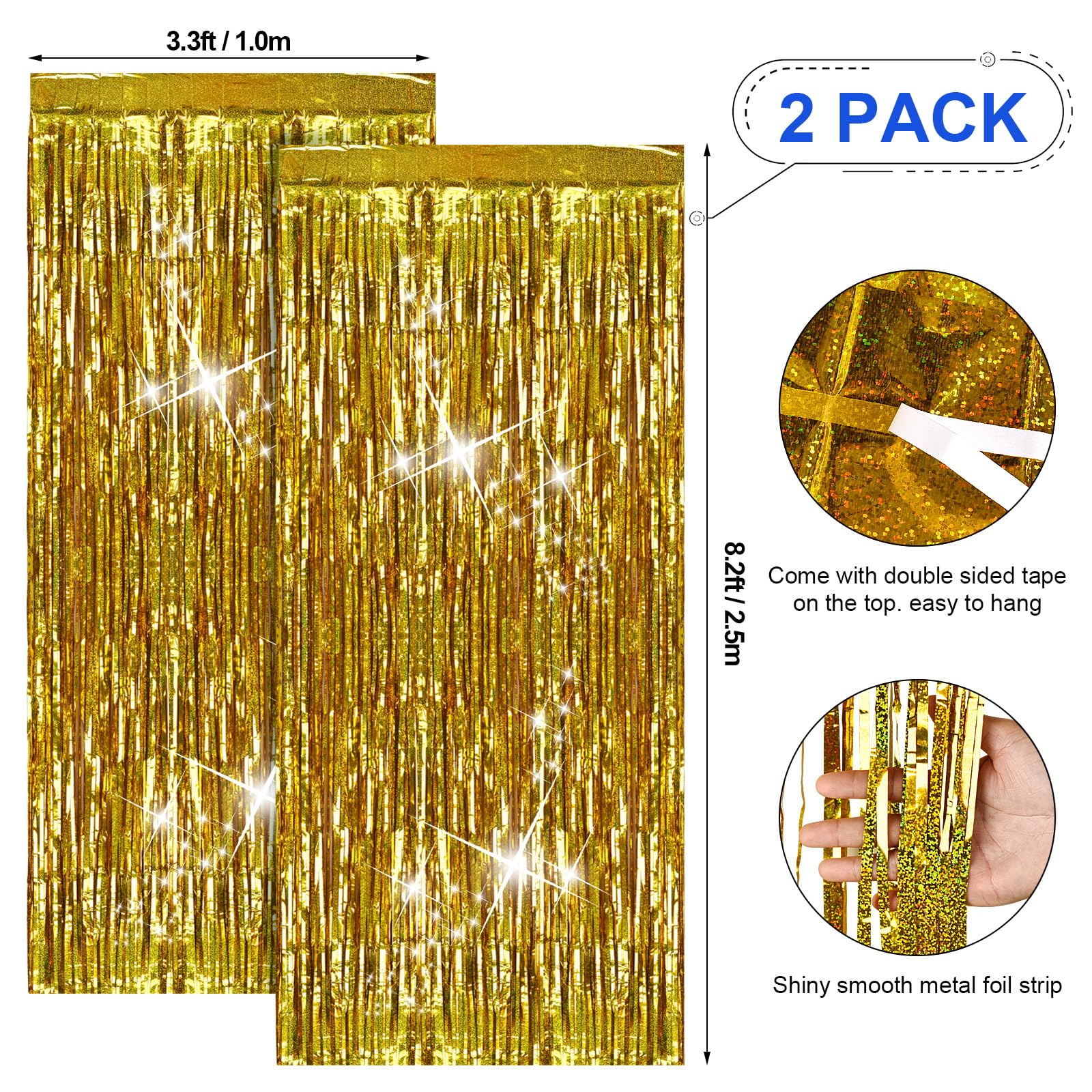 Dorbetar Party Decorations(2 Pack 3.3x8.2 Feet), Irthday Decorations Backdrop, Foil Fringe Curtains Streamers Party Decorations, Tinsel Curtain Fringe Backdrop (Gold)