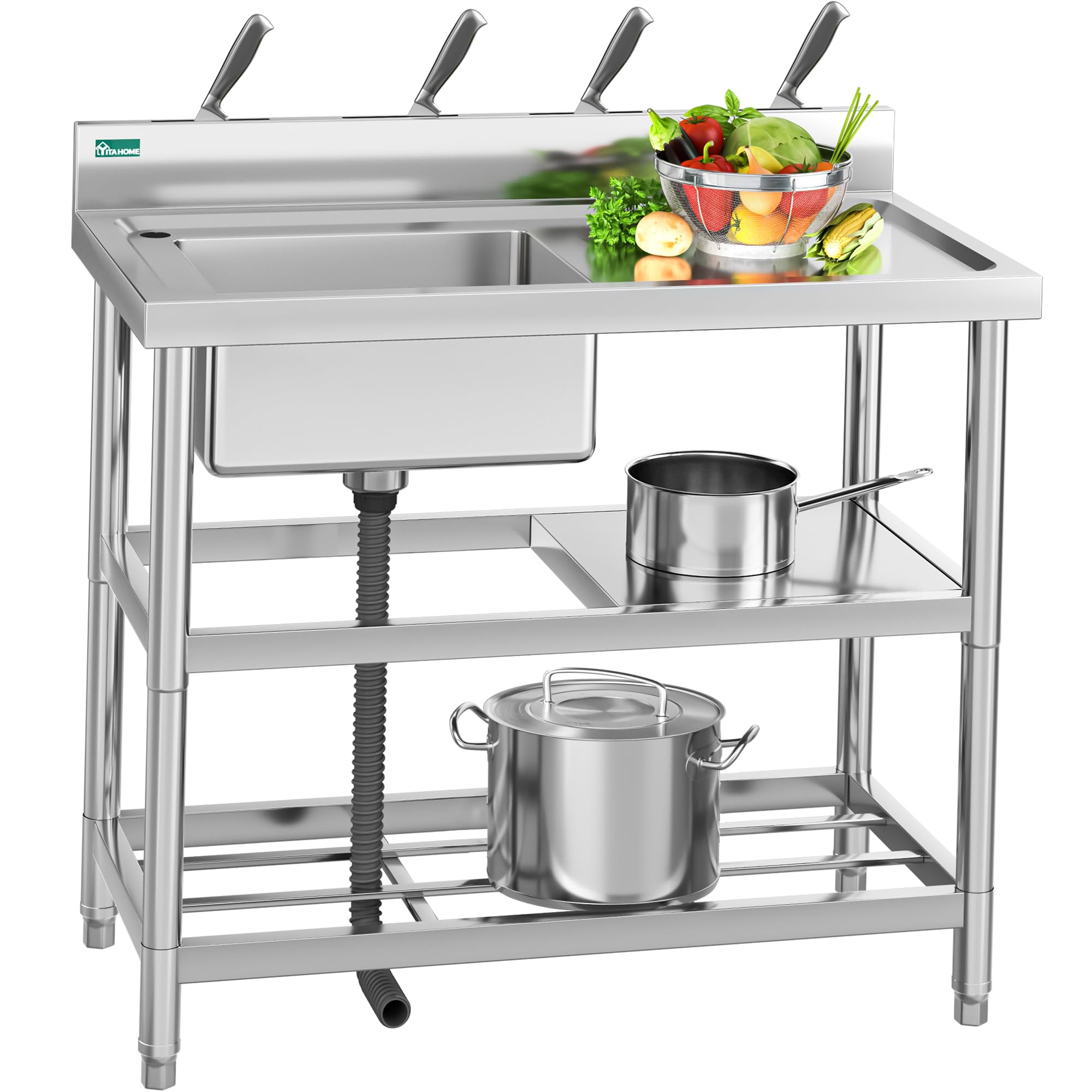 YITAHOME Kitchen Sink Stainless Steel Single Bowl Freestanding Commercial Sink with Drainboard for Restaurant, Utility Sink w/Workbench & Double Storage Shelves for outdoor 39" W x 20" D x 37" H