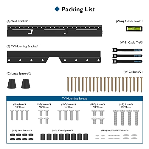 BONTEC No-Stud TV Wall Mount for 26-55 inch LED LCD OLED Plasma Flat/Curved TVs, with Max VESA 400x400mm, No Damage Drywall Studless TV Wall Mount, Bubble Level and Cable Ties Included