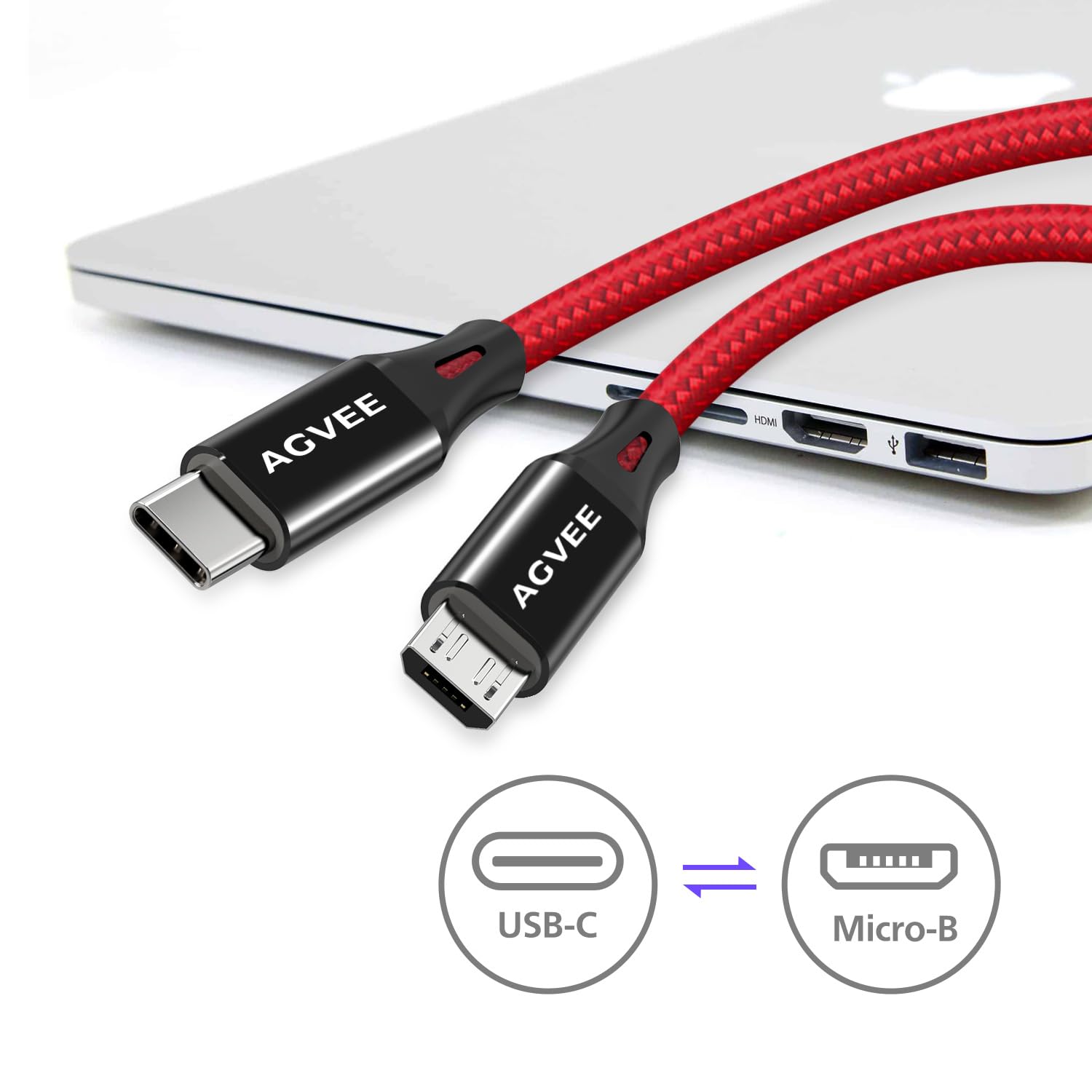 AGVEE 2 Pack 1ft USB-C OTG to Micro USB Cable, Braided Charger Data Sync Cord Charging Wire Adapter for Samsung Galaxy S7 S6, J7, J3, LG, PS4, Kindle, PS4 Xbox Controller, Android Phone, Red